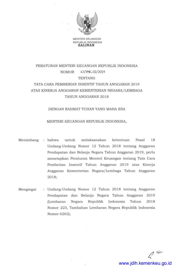 47/PMK.02/2019 - Tata Cara Pemberian Insentif Tahun Anggaran 2019 atas ...