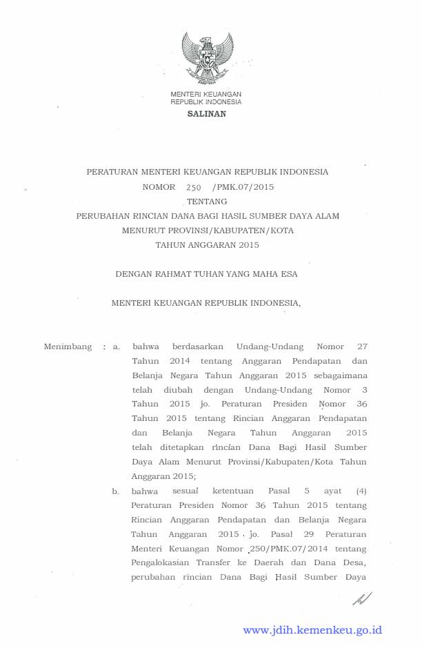 250/PMK.07/2015 - Perubahan Rincian Dana Bagi Hasil Sumber Daya Alam ...