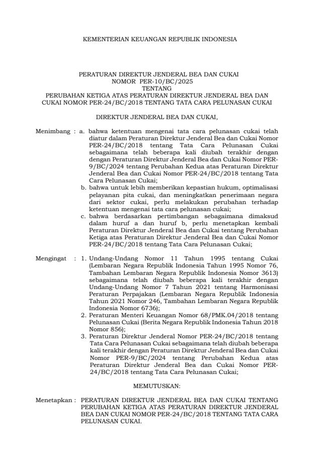 PER-10/BC/2025 - Perubahan Ketiga atas Peraturan Direktur Jenderal Bea ...