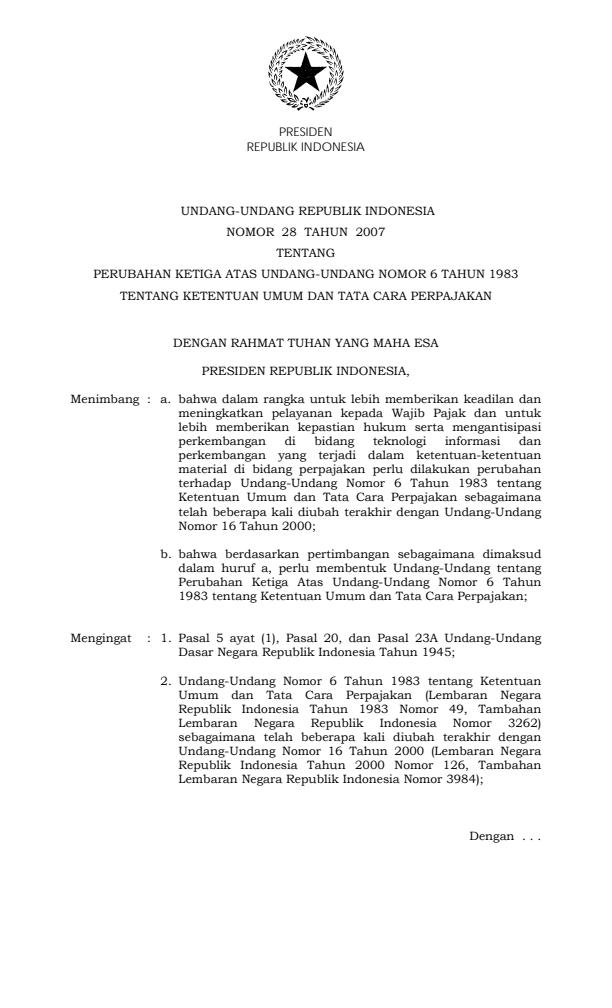 UU 28 TAHUN 2007 - Perubahan Ketiga atas Undang-Undangan Nomor 6 Tahun ...
