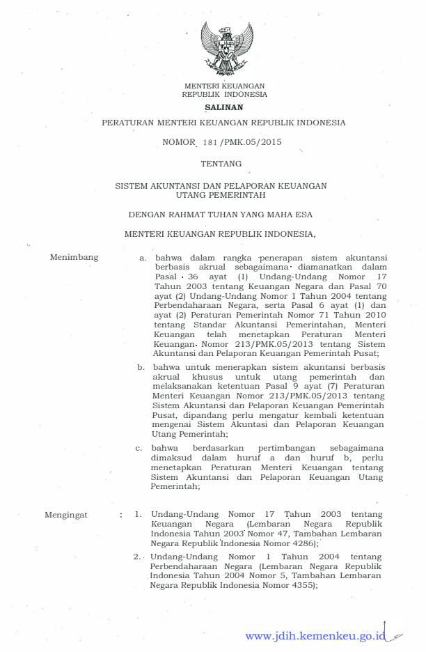 181/PMK.05/2015 - Sistem Akuntansi dan Pelaporan Keuangan Utang ...