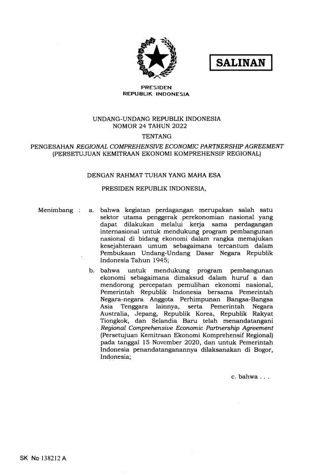 UU 24 TAHUN 2022 - Pengesahan Regional Comprehensive Economic ...