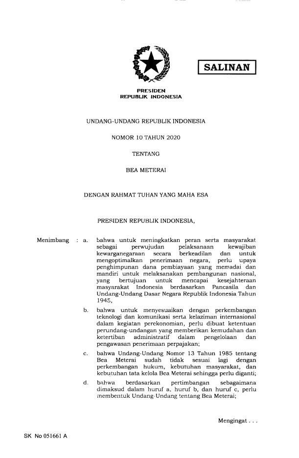 UU 10 TAHUN 2020 - Bea Meterai | JDIH Kementerian Keuangan