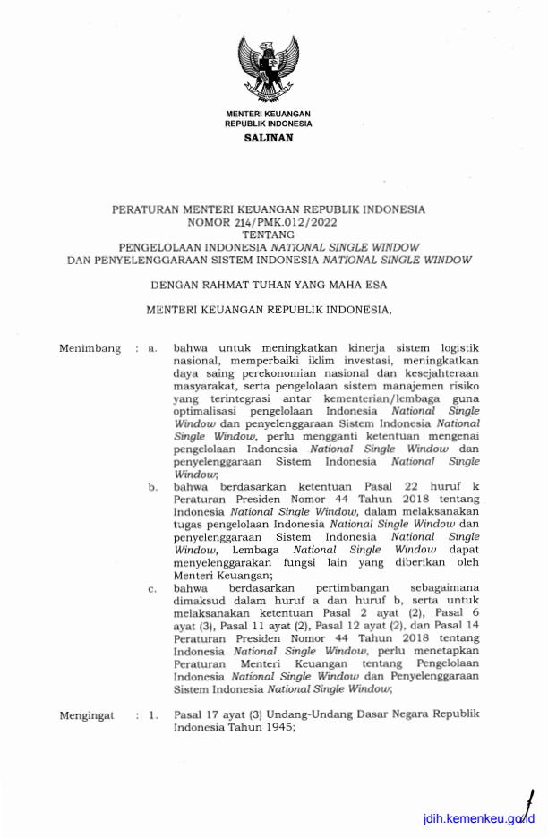 214/PMK.012/2022 - Pengelolaan Indonesia National Single Window dan ...