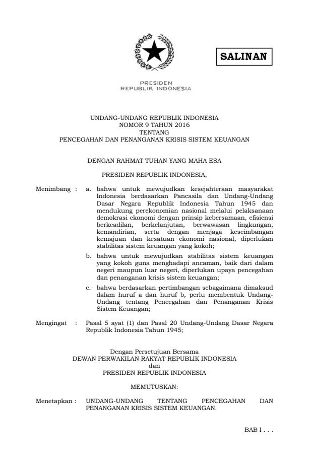 UU 9 TAHUN 2016 - Pencegahan dan Penangan Krisis Sistem Keuangan | JDIH ...