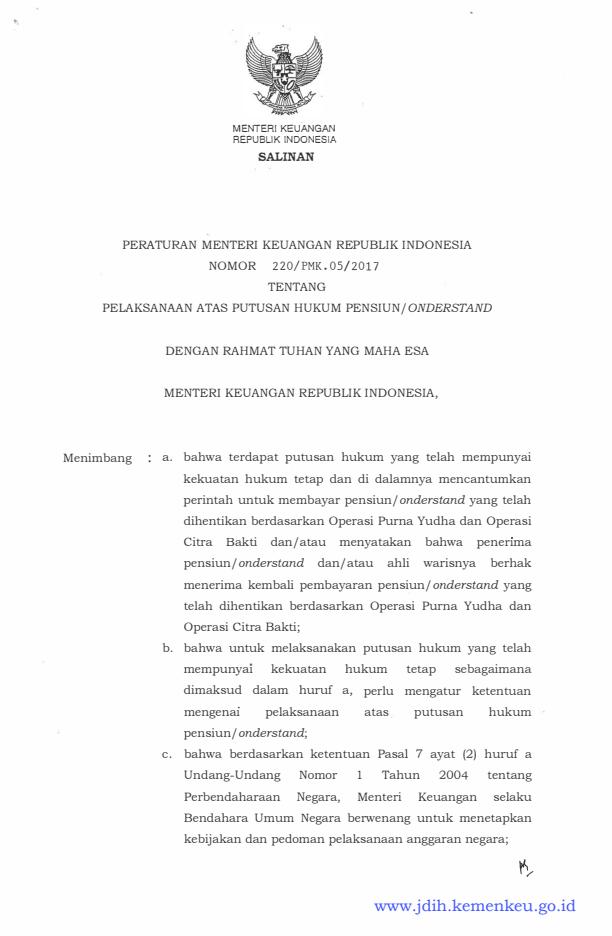 220/PMK.05/2017 - Pelaksanaan atas Putusan Hukum Pensiun/ Onderstand ...