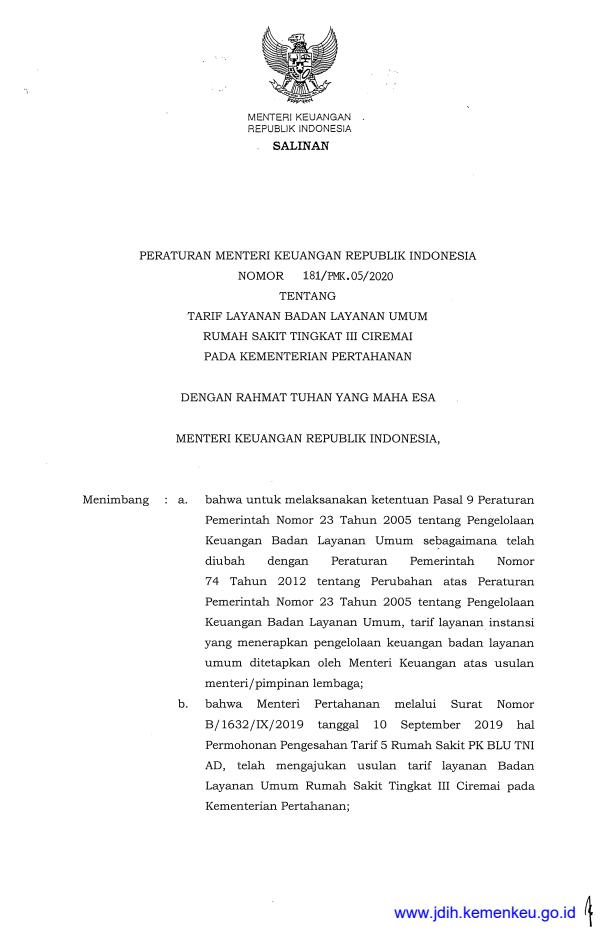 181/PMK.05/2020 - Tarif Layanan Badan Layanan Umum Rumah Sakit Tingkat ...