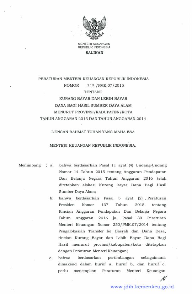 259/PMK.07/2015 - Kurang Bayar dan Lebih Bayar Dana Bagi Hasil Sumber ...