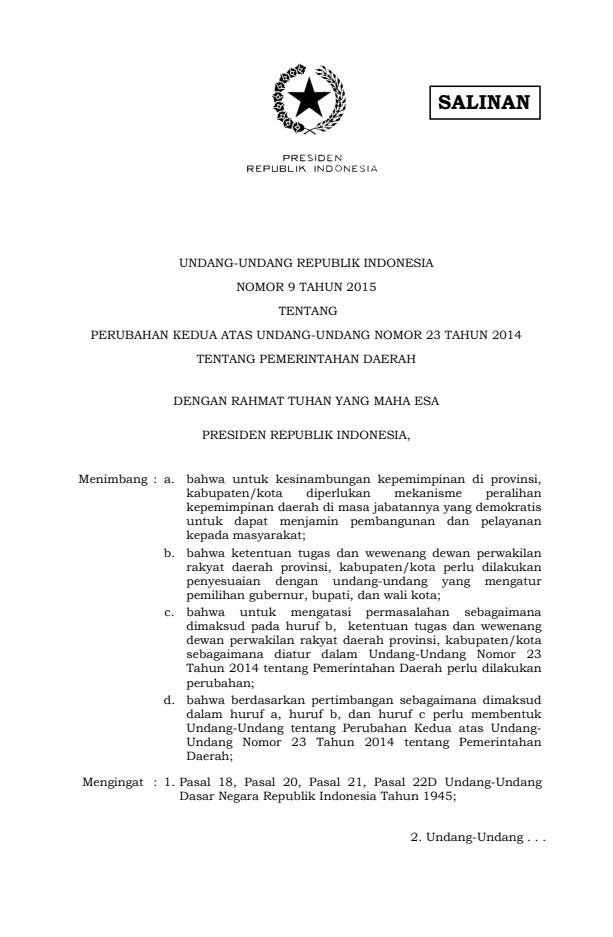 UU 9 TAHUN 2015 - Perubahan Kedua atas Undang-Undang Nomor 23 Tahun ...