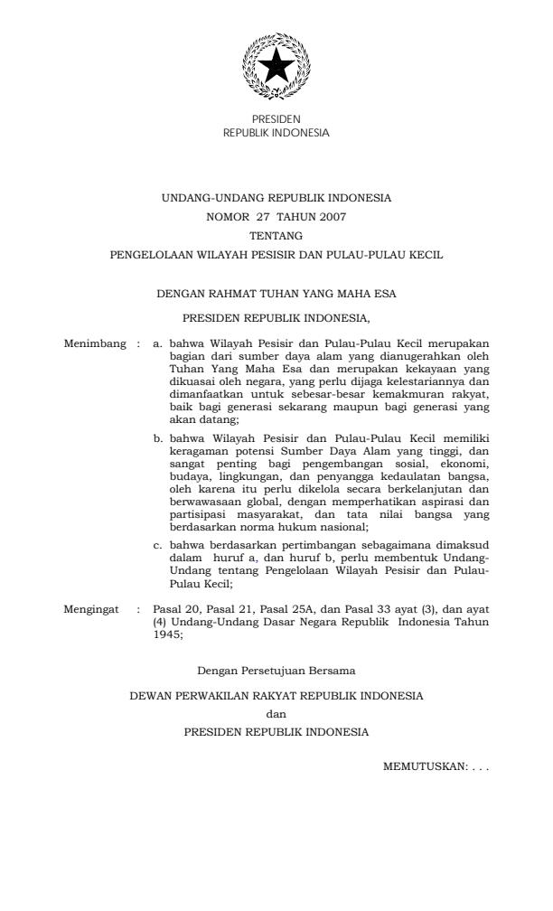 UU 27 TAHUN 2007 - Pengelolaan Wilayah Pesisir dan Pulau-Pulau Kecil ...
