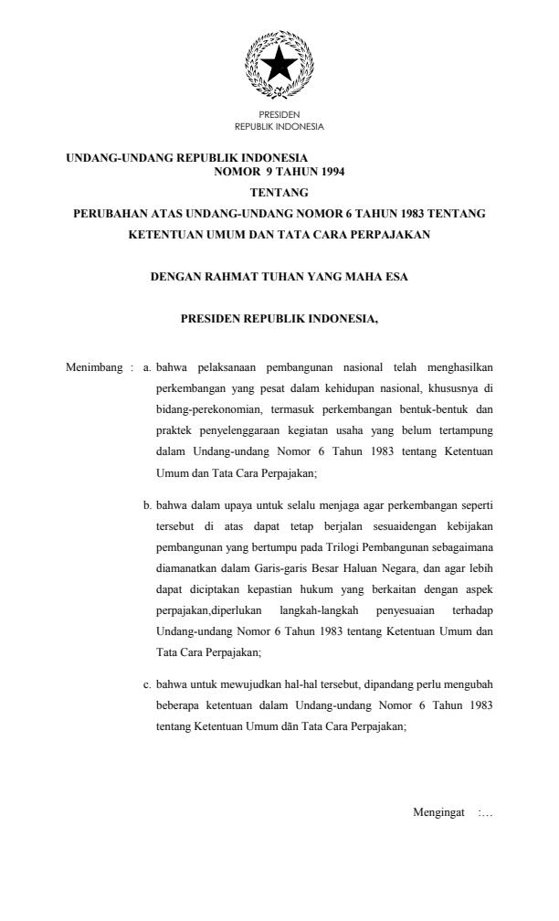 UU 9 TAHUN 1994 - Perubahan atas Undang-Undang Nomor 6 Tahun 1983 ...