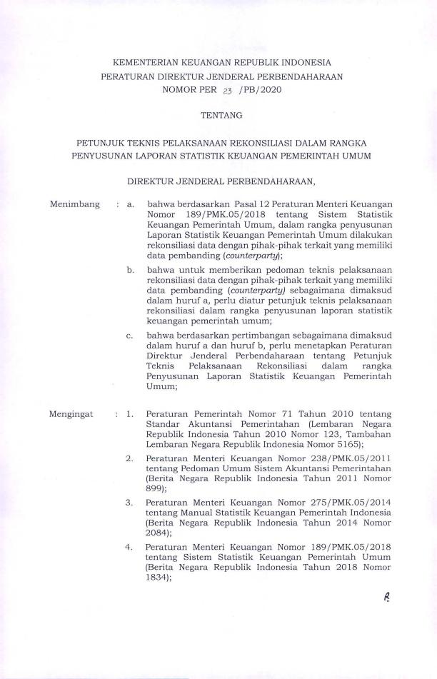 PER-23/PB/2020 - Petunjuk Teknis Pelaksanaan Rekonsiliasi Dalam Rangka ...