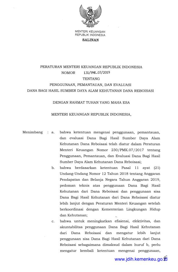 131/PMK.07/2019 - Penggunaan, Pemantauan, dan Evaluasi Dana Bagi Hasil ...