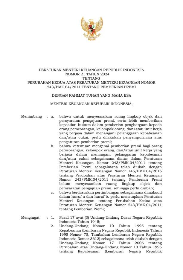 PMK 21 TAHUN 2024 - Perubahan Kedua atas Peraturan Menteri Keuangan ...