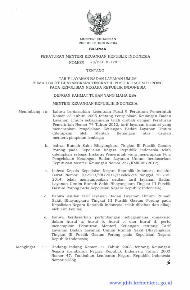 28/PMK.05/2015 - Tarif Layanan Badan Layanan Umum Rumah Sakit ...