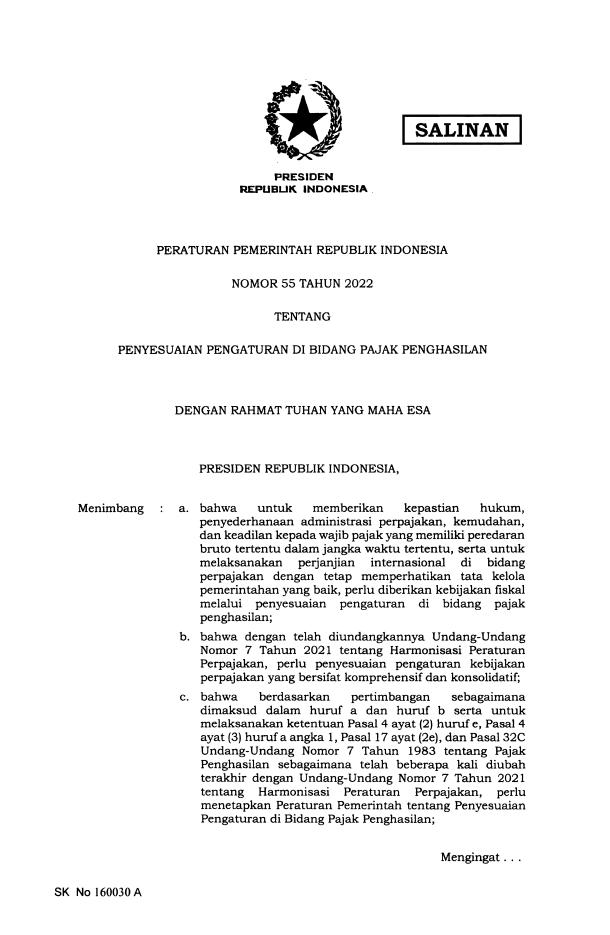 PP 55 TAHUN 2022 - Penyesuaian Pengaturan di Bidang Pajak Penghasilan ...