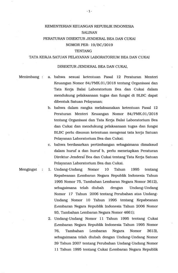 PER-19/BC/2019 - Tata Kerja Satuan Pelayanan Laboratorium Bea dan Cukai ...