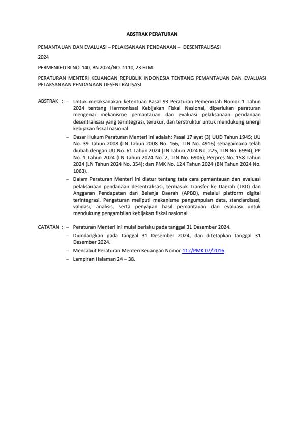 PMK 140 TAHUN 2024 - Pemantauan dan Evaluasi Pelaksanaan Pendanaan ...