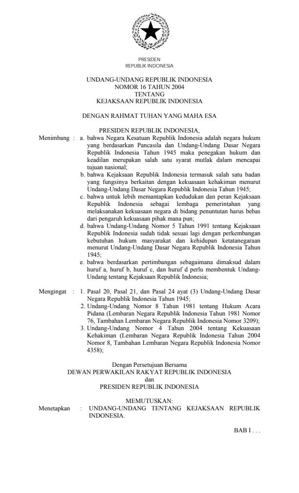 UU 16 TAHUN 2004 - Kejaksaan Republik Indonesia. | JDIH Kementerian ...