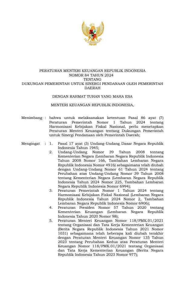 PMK 84 TAHUN 2024 - Dukungan Pemerintah untuk Sinergi Pendanaan oleh ...